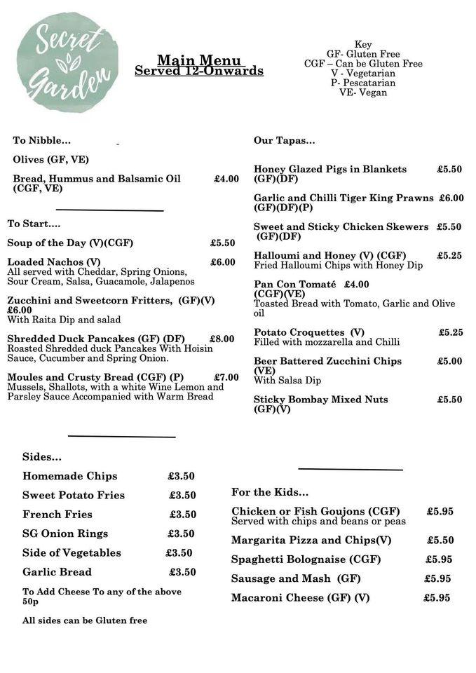 Menu at Secret Garden pub & bar, Hereford