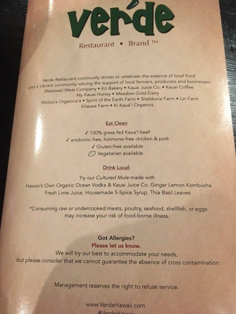 Menu at Verde Restaurant Lihue, Lihue, Nuhou St #501