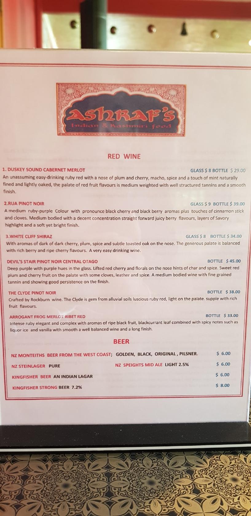 Menu at Ashraf's restaurant, Wanaka