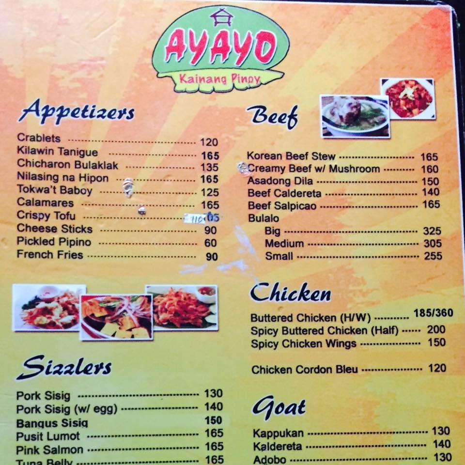 Menu at Ayayo Restaurant, San Jose City