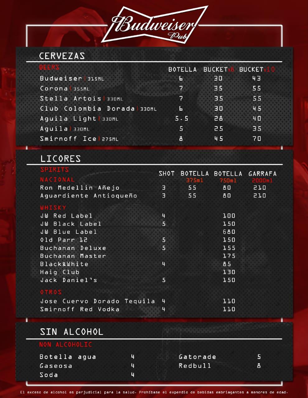 Menu at Budweiser PUB, Colombia