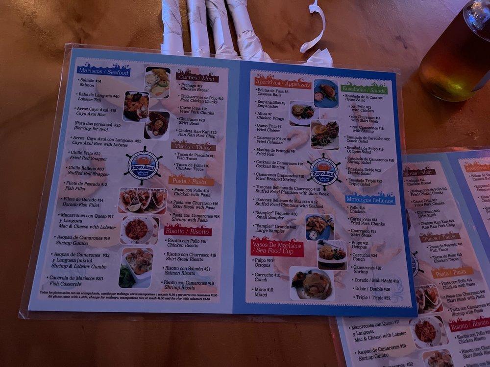 Menu at Cayo Azul restaurant, Buena Ventura Lakes