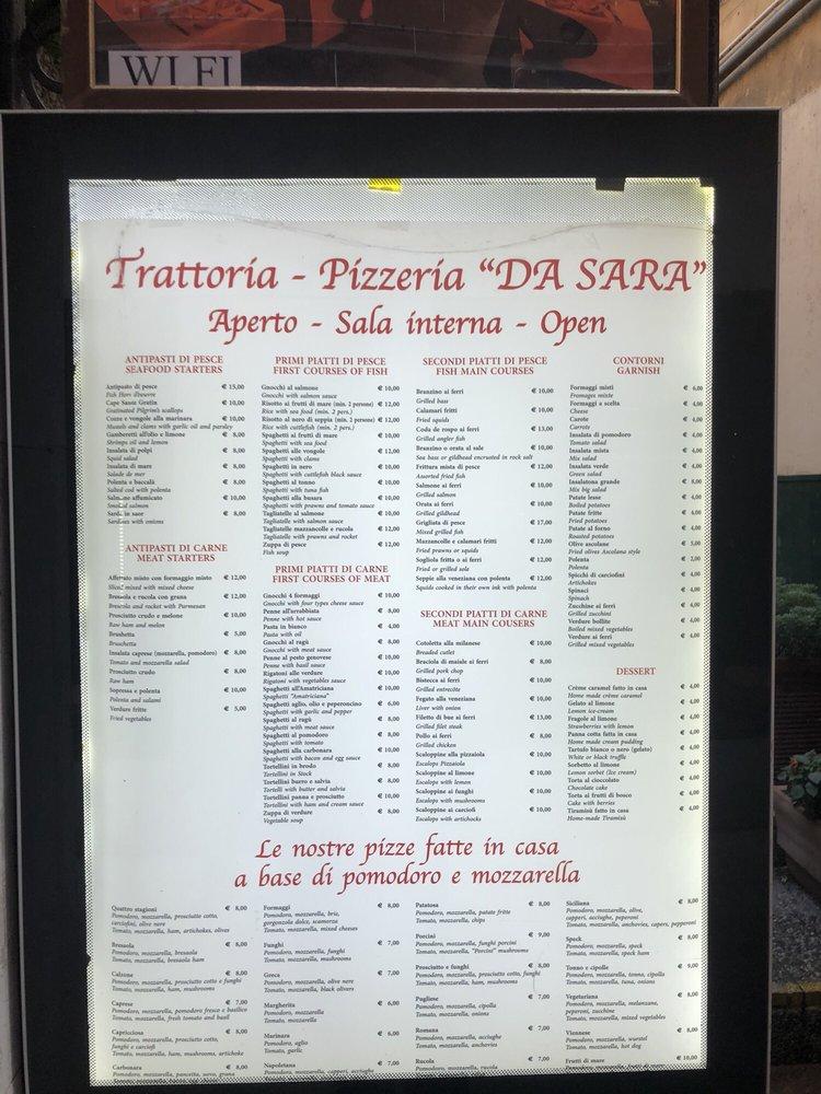Menu at Da Sara pizzeria, Venice, 3748/3818