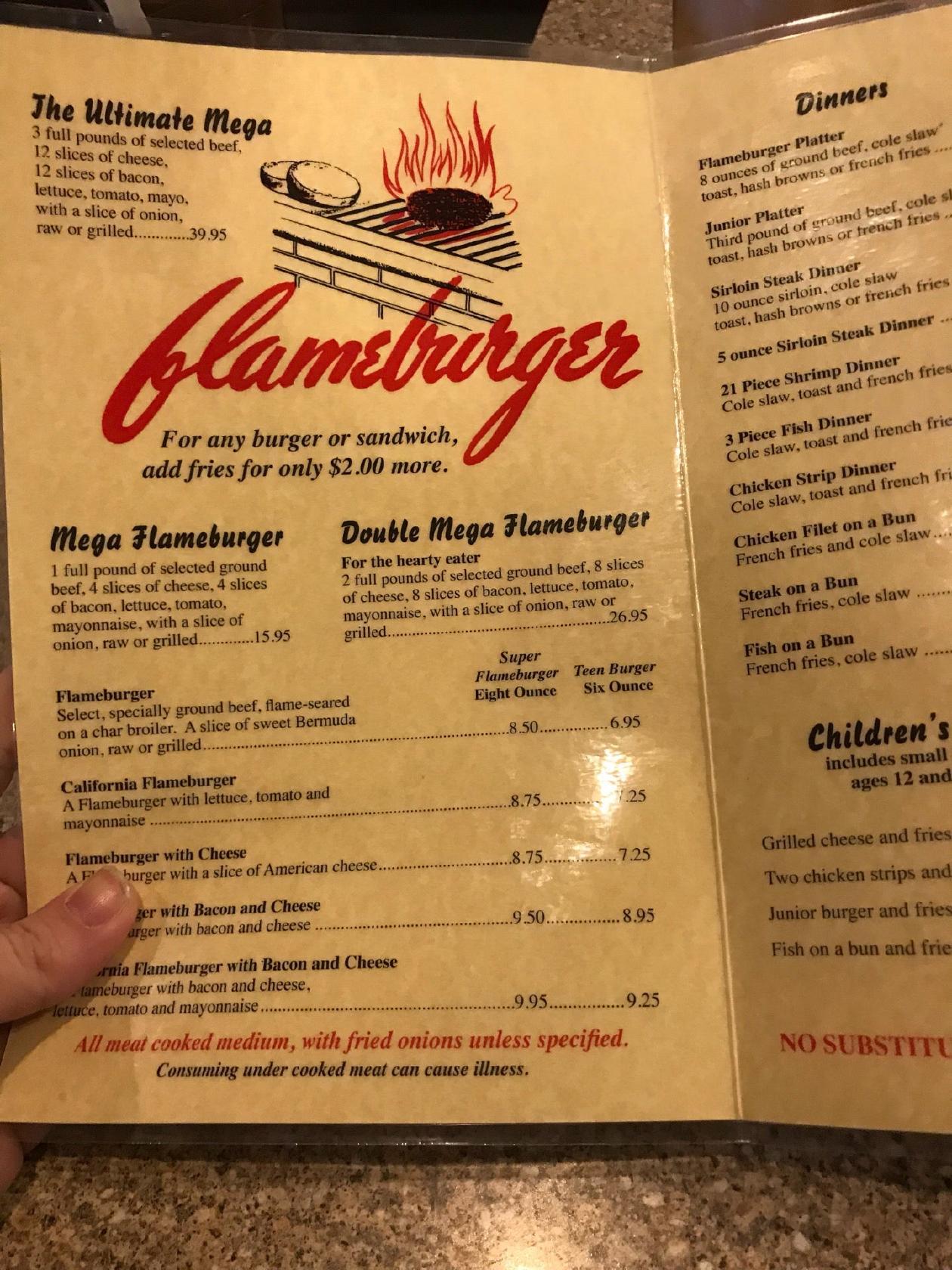 Menu at Flameburger restaurant, Minneapolis