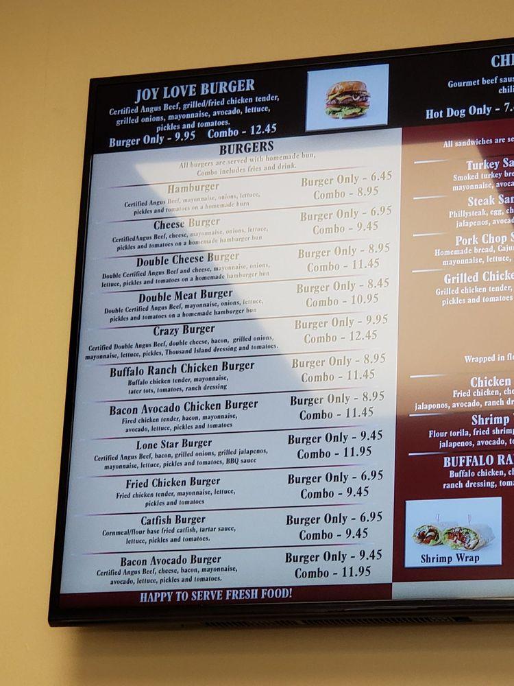 Menu at Joy Love Burgers restaurant, Houston, N Mason Rd