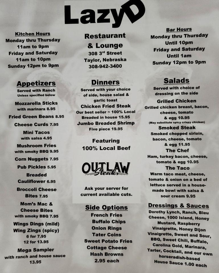 Menu at Lazy D Restaurant and Lounge, Taylor