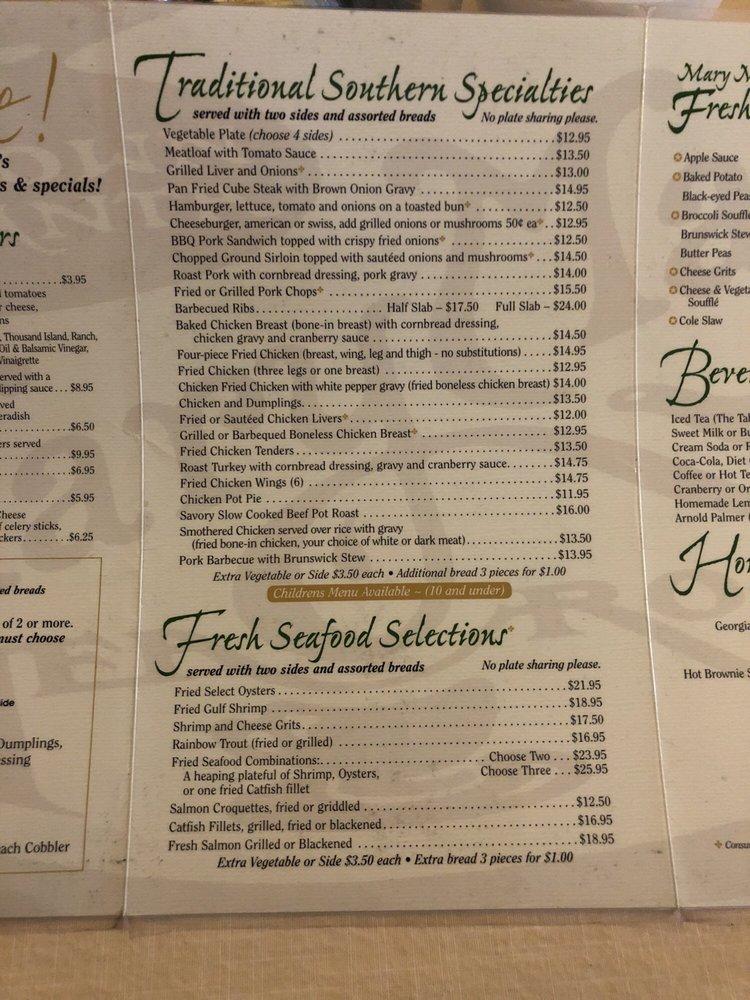 Menu at Mary Mac's Tea Room pub & bar, Atlanta