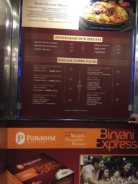 Menu at Paradise Biryani Masab Tank, Hyderabad, X Roads