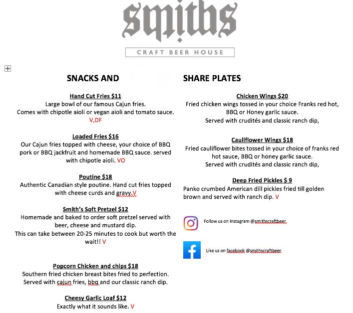 Menu at Smiths Craft Beer House pub & bar, Queenstown