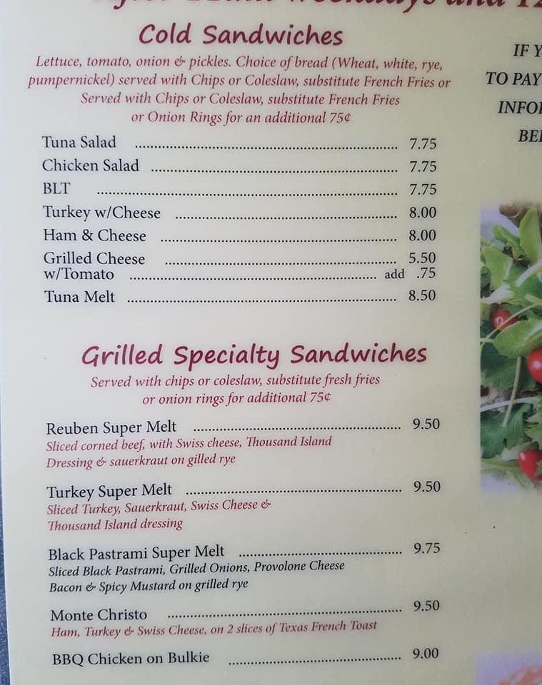 Menu at Sunnyside Cafe, Randolph