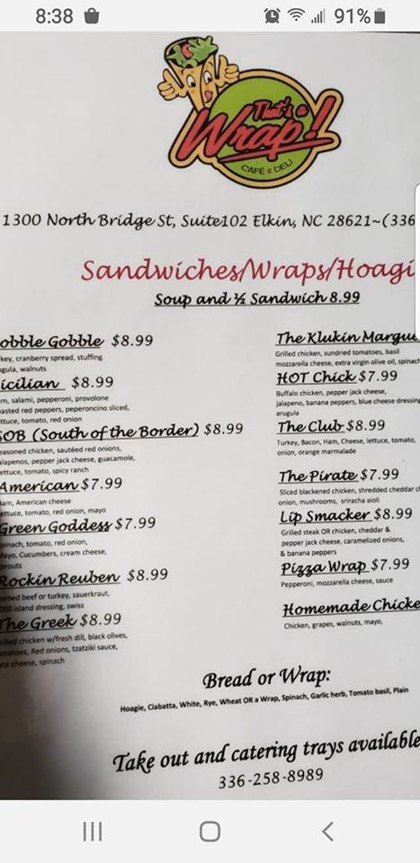 Menu at That's A Wrap restaurant, Elkin