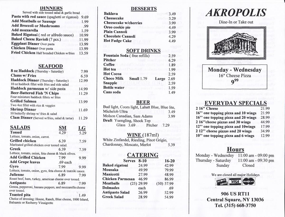 Menu at Akropolis pizzeria, Central Square