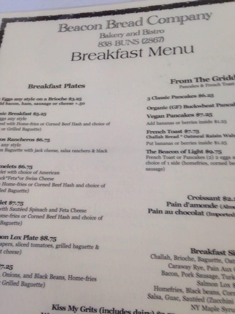 Menu at Beacon Bread Company restaurant, Beacon, 193-195 Main St