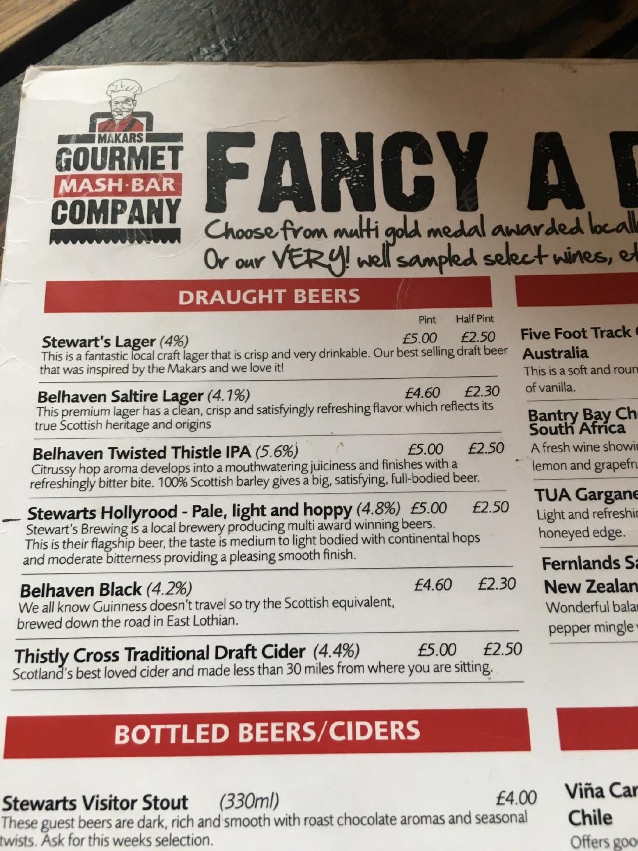 Menu at Makars Mash Bar, Edinburgh, 9-12 Bank St