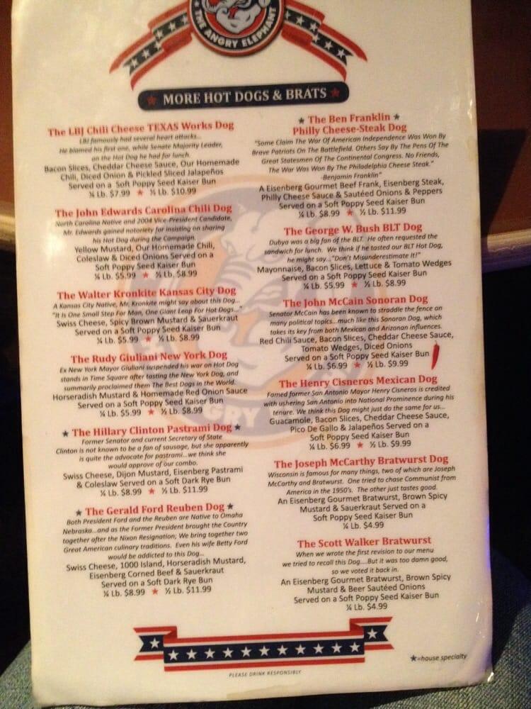 Menu at The Angry Elephant pub & bar, San Antonio, US-281 #107