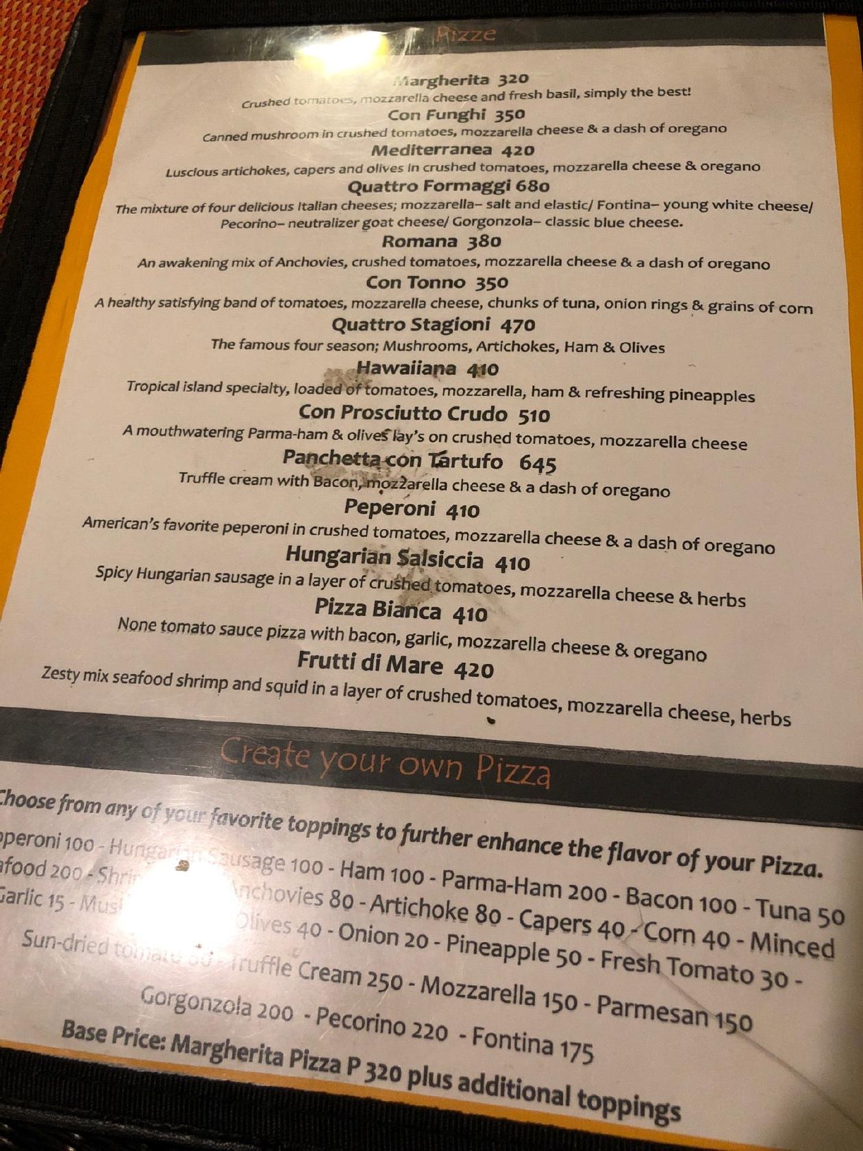 Menu at Trattoria Altrove restaurant, El Nido