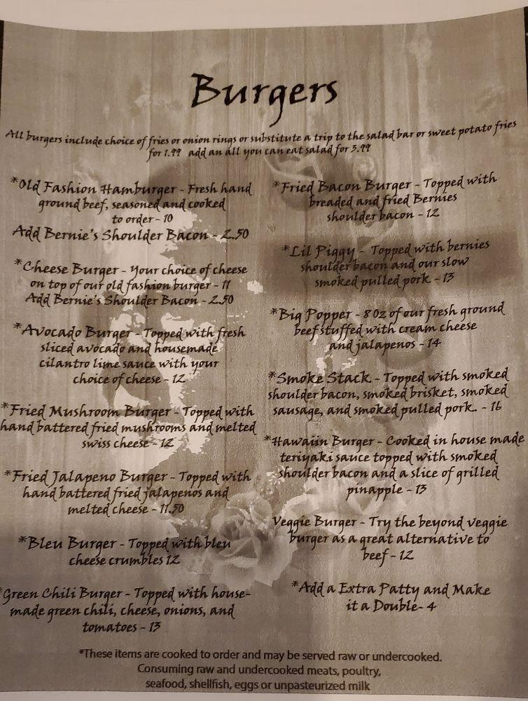 Menu at Bernie's Kitchen restaurant, Elizabeth
