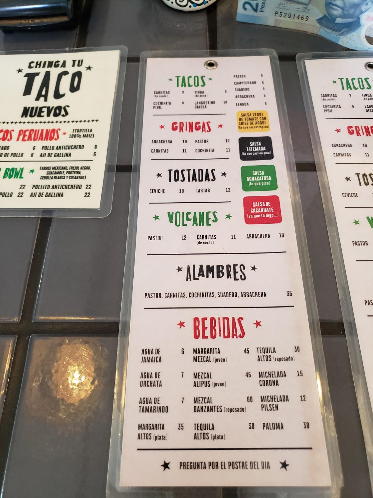Menu at Chinga tu Taco restaurant, Miraflores, Av. Mariscal La Mar 1300