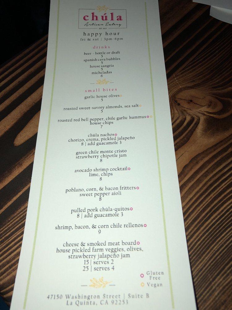 Menu at Chula Artisan Eatery cafe, La Quinta