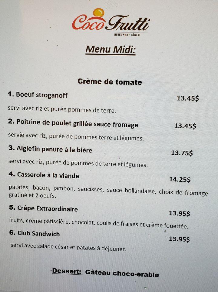 Menu at Coco Frutti Victoriaville pub & bar, Victoriaville