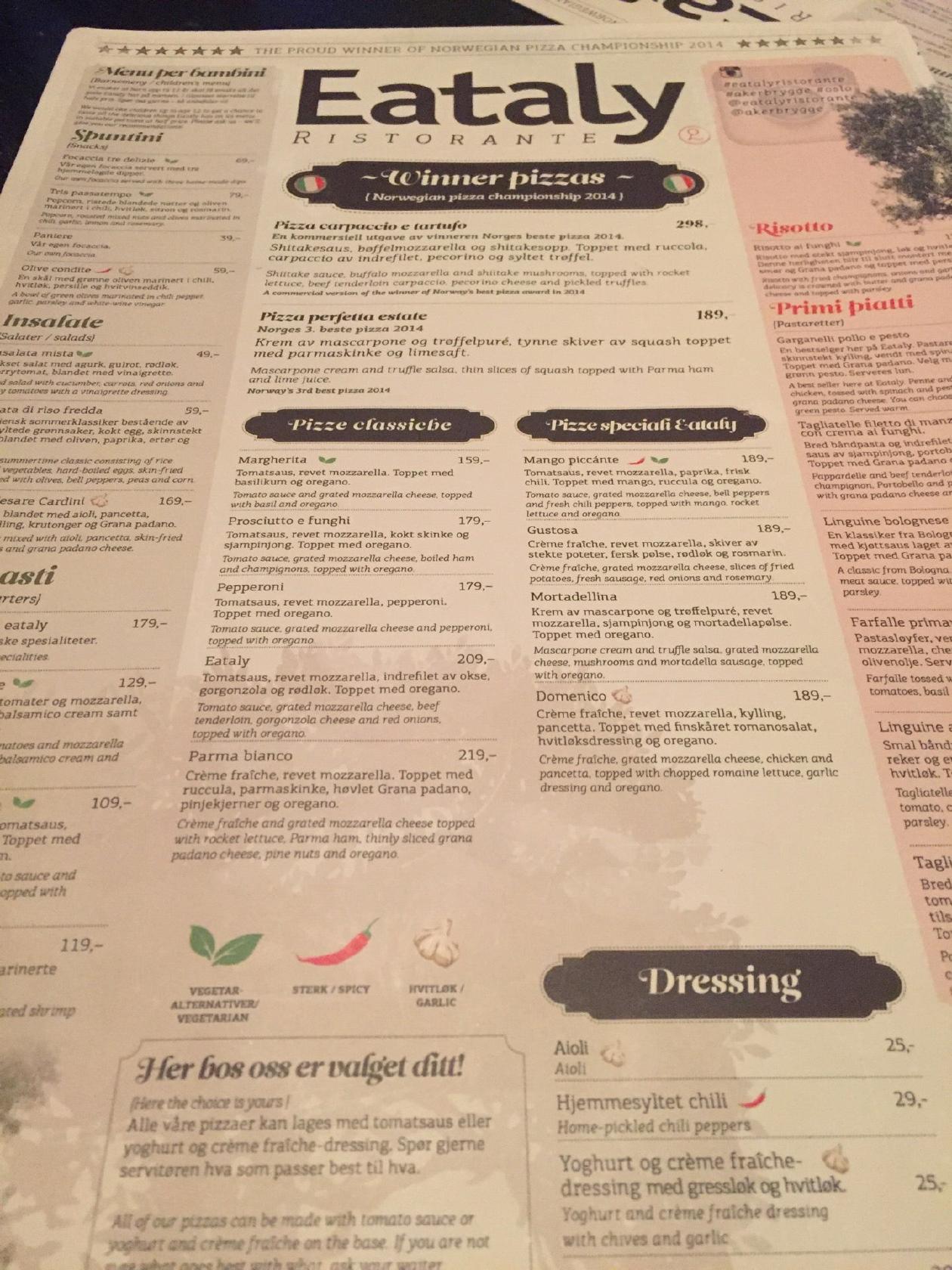 Menu at Eataly cafe, Oslo