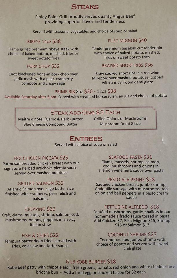 Menu at Finley Point Grill pub & bar, Finley Point