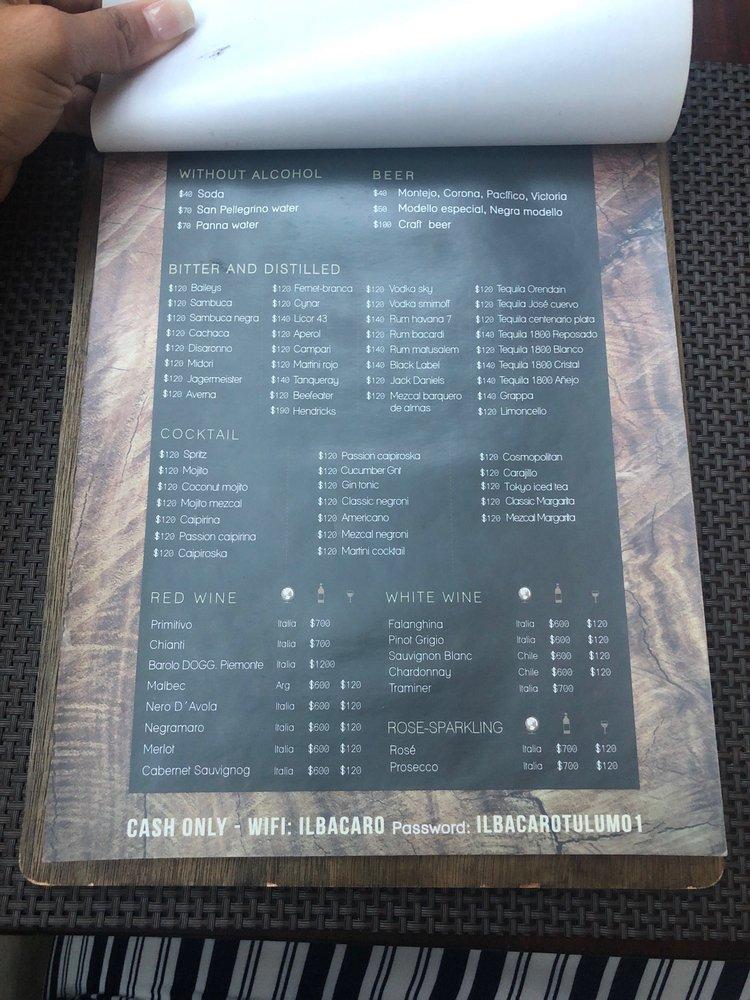 Menu at Il Bacaro pizzeria, Tulum