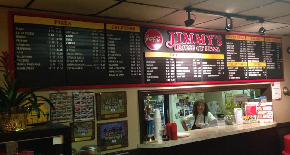 Menu at Jimmy's House of Pizza pizzeria, Manchester