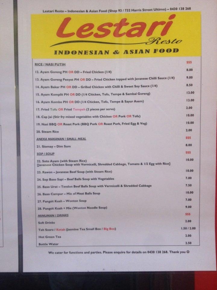 Menu at Lestari Resto restaurant, Ultimo