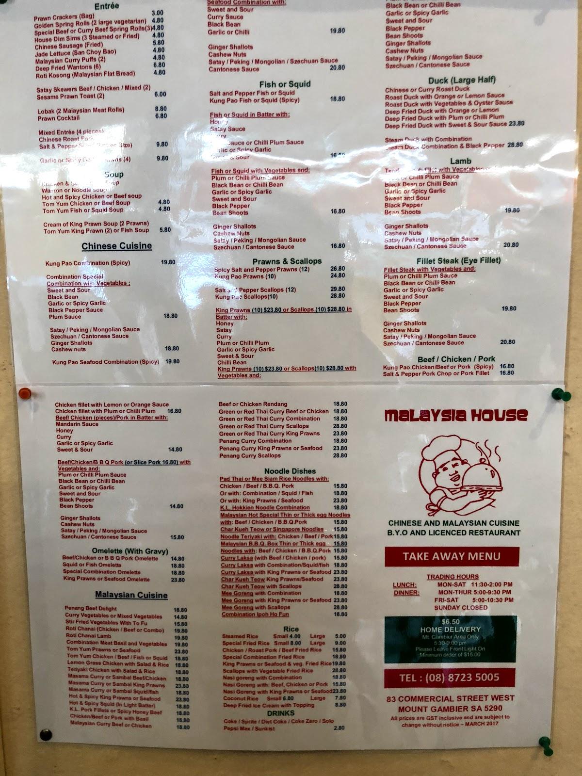 Menu at Malaysia House Restaurant, Mount Gambier