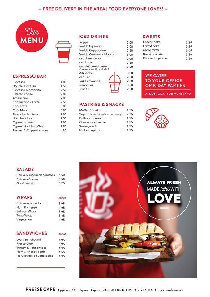 Menu at Presse Cafe, Paphos