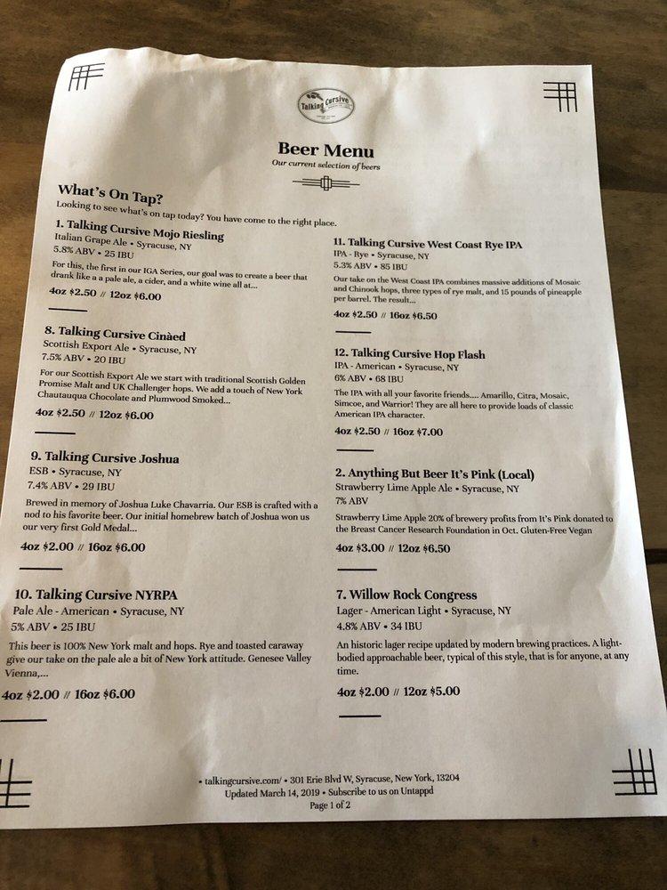 Menu at Talking Cursive Brewing Company pub & bar, Syracuse