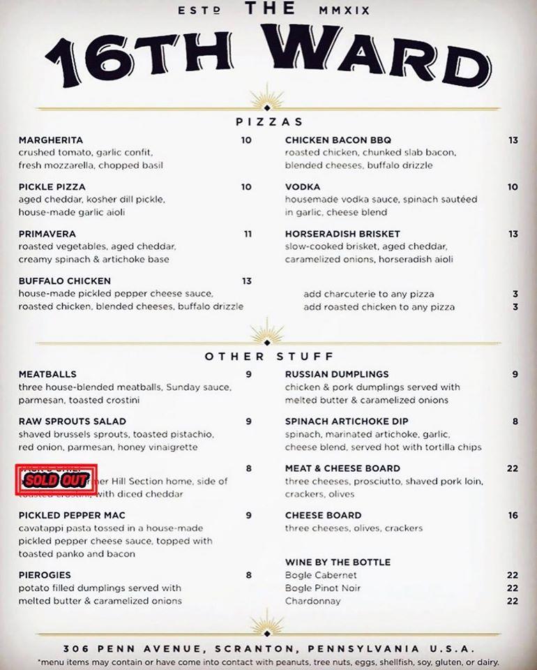 Menu at The 16th Ward pub & bar, Scranton