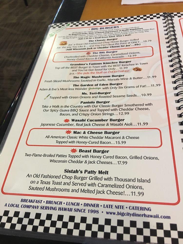 Menu at Big City Diner restaurant, Waipahu, 94-800 Ukeʻe Street #305