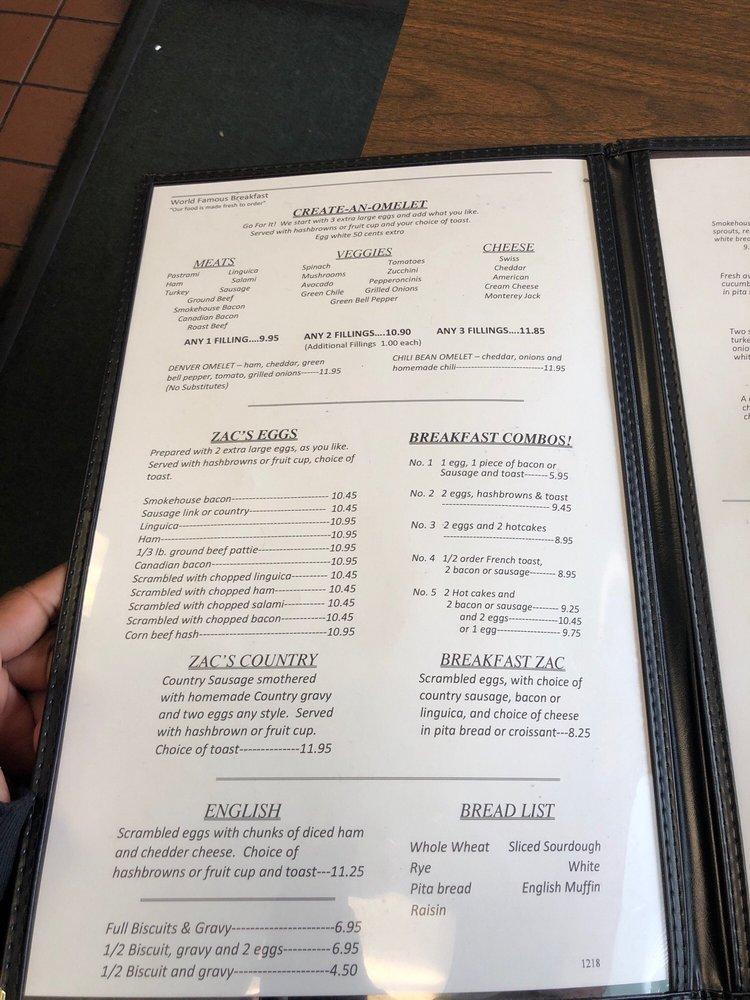 Menu at Zac's Cafe, Dublin