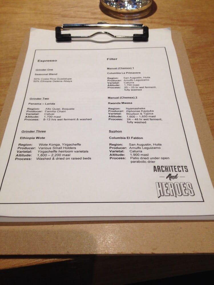 Menu at Architects and Heroes cafe, Subiaco, 25 Rokeby Rd