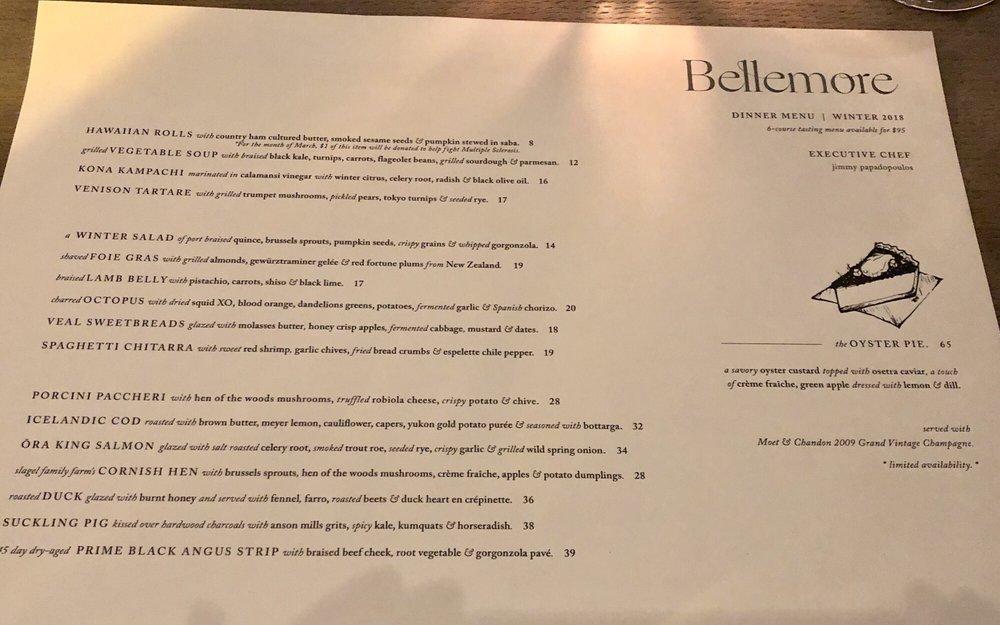 Menu at Bellemore restaurant, Chicago