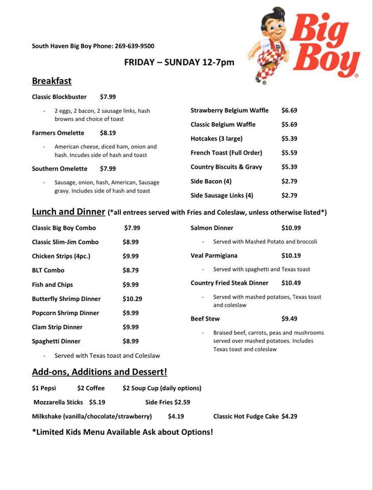 Menu at Big Boy restaurant, South Haven