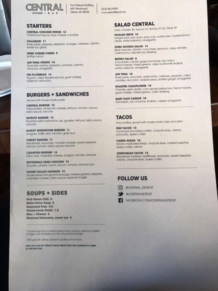 Menu at Central Kitchen + Bar, Detroit