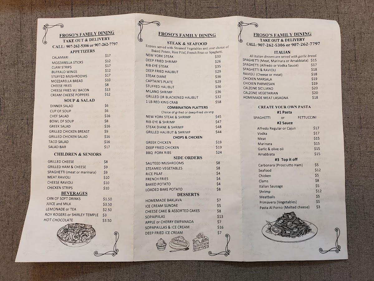 Menu at Froso's Family Dining restaurant, Soldotna