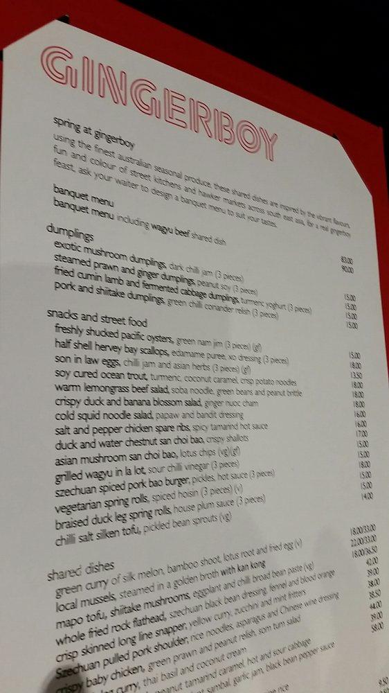 Menu at Gingerboy restaurant, Melbourne