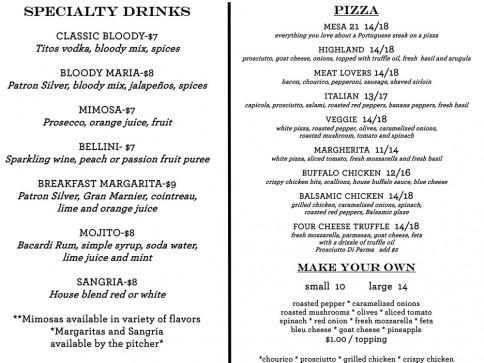 Menu at Mesa 21 pizzeria, Fall River