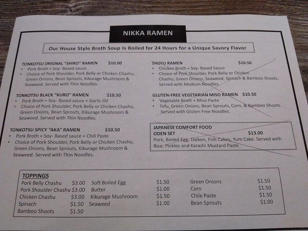 Menu at Nikka Ramen restaurant, Goleta