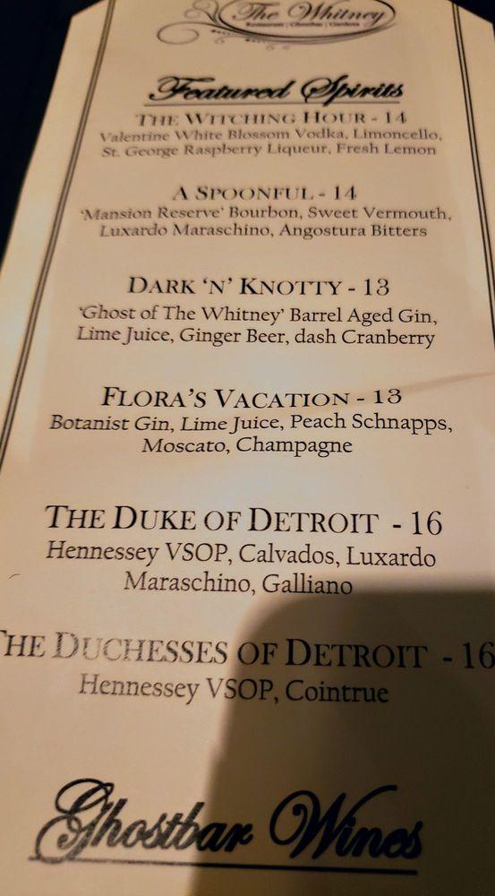 Menu at The Ghostbar at the Whitney, Detroit