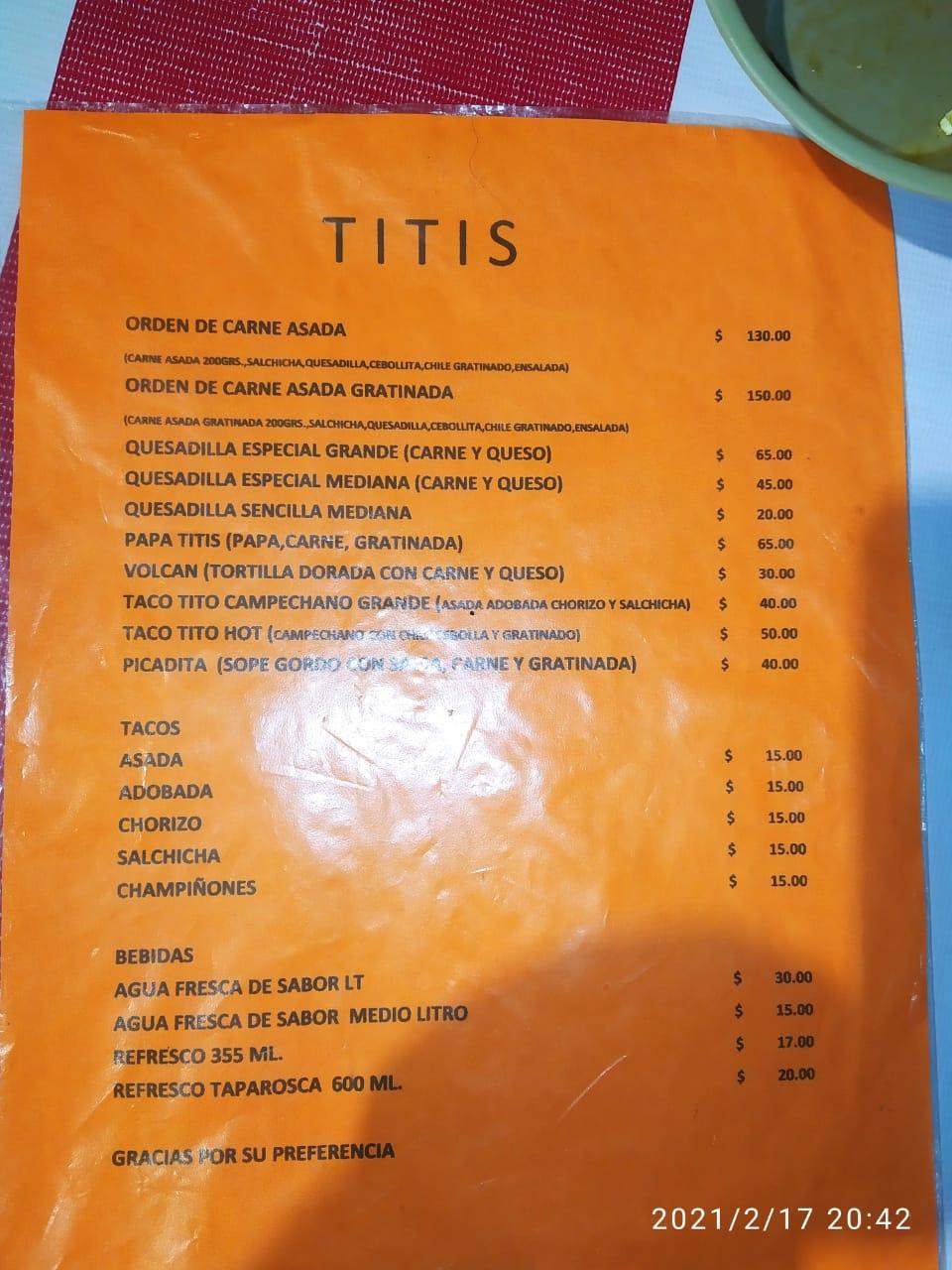 Carta del restaurante Titis, tacos, carnes asadas, quesadillas, Manzanillo