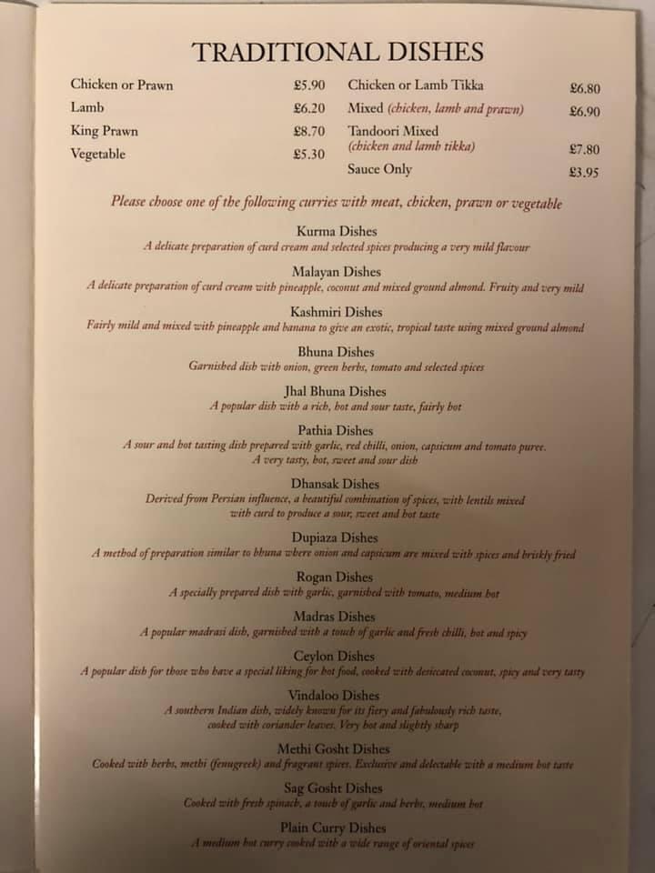Menu at Jeera Tandoori restaurant, North Shields