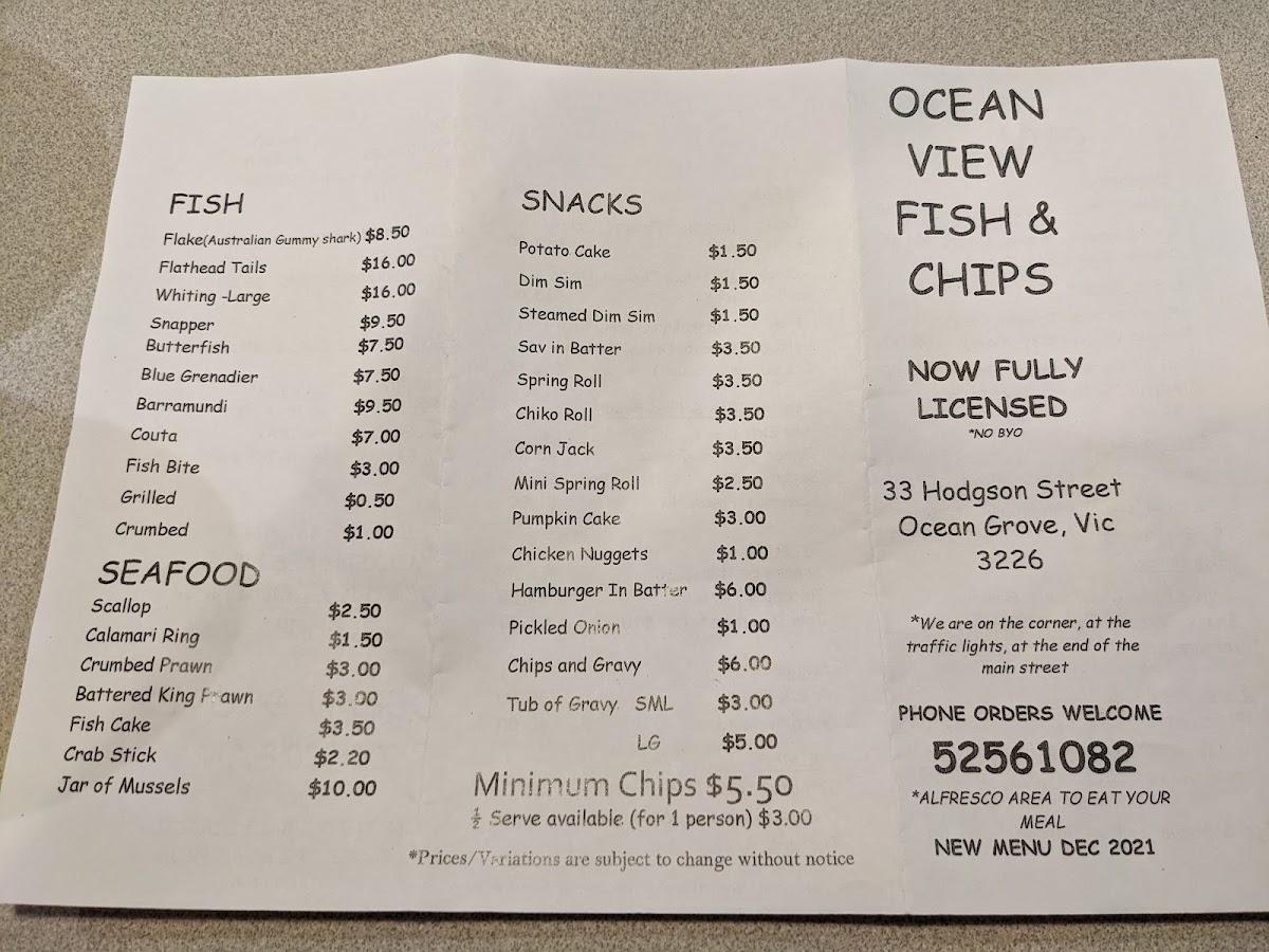 Menu at Ocean View Fish & Chips Shop restaurant, Ocean Grove, 33 Hodgson St