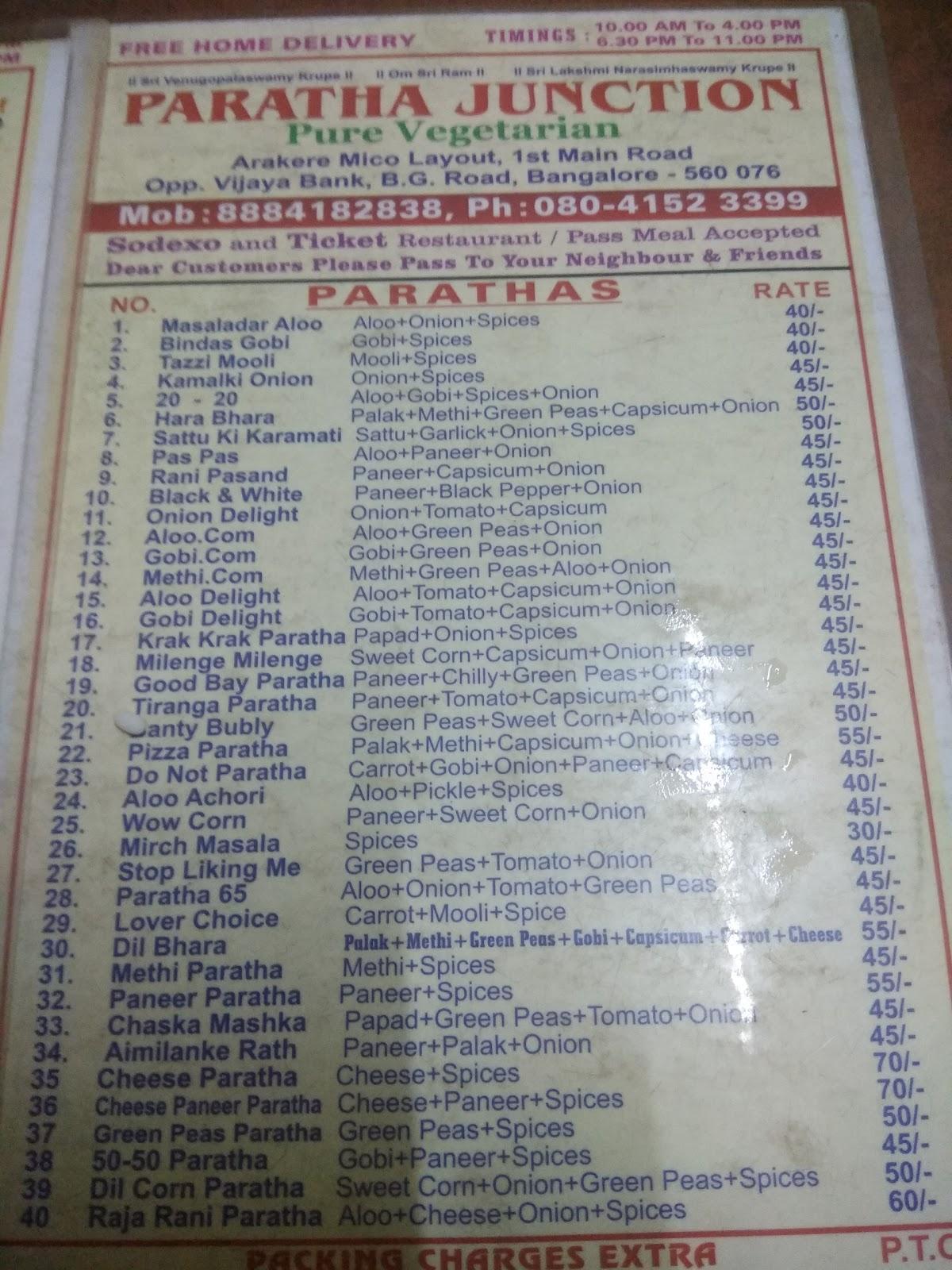 Menu at Paratha Junction, Bengaluru, Govind Reddy Layout Road