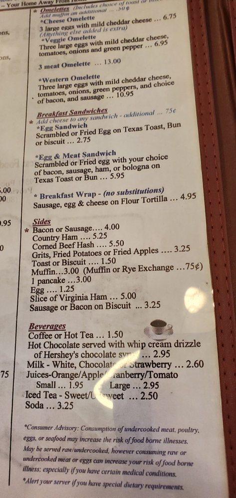Menu at Patsy's restaurant, Providence Forge