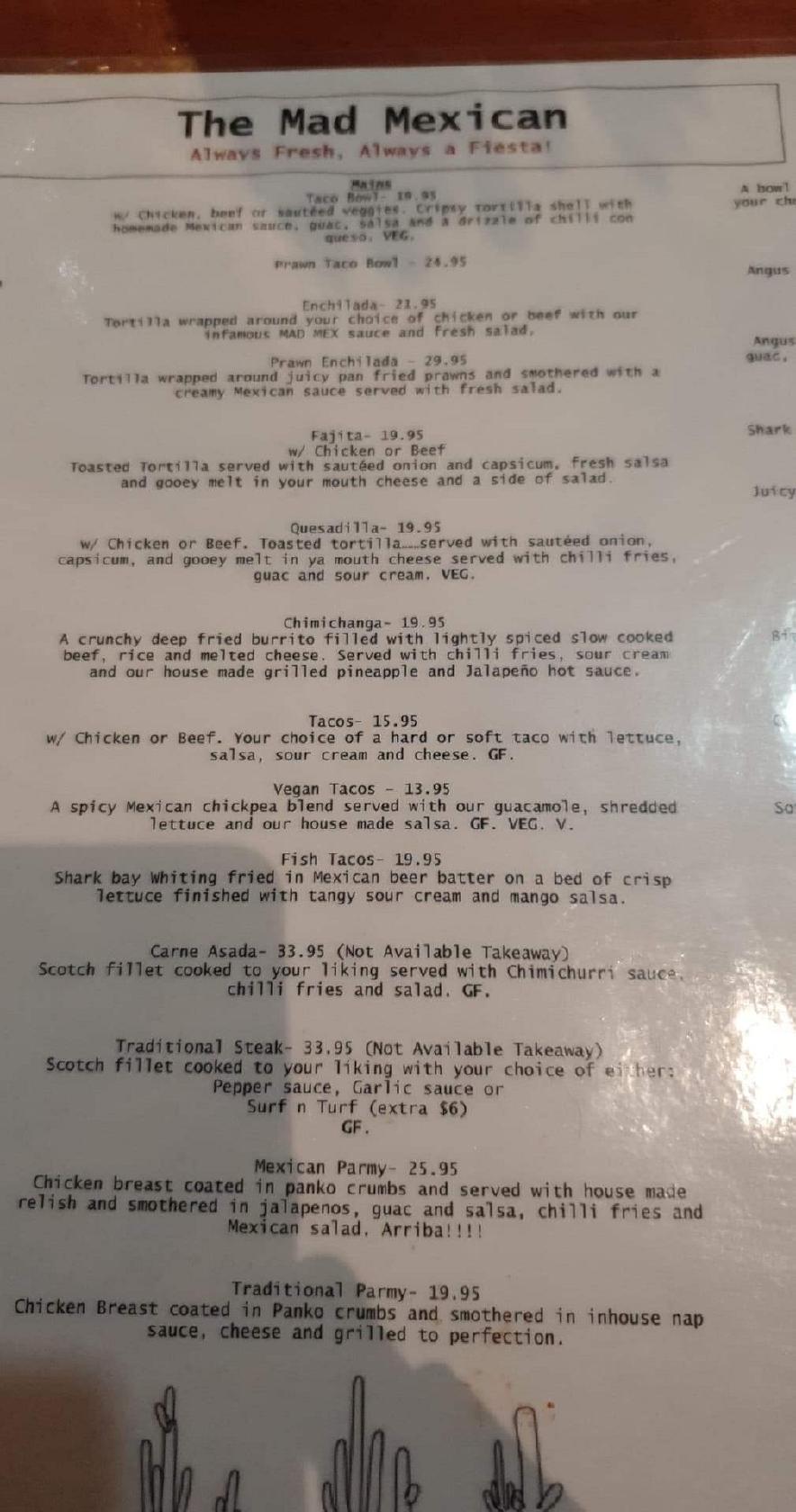 Menu at The Mad Mexican restaurant, Geraldton